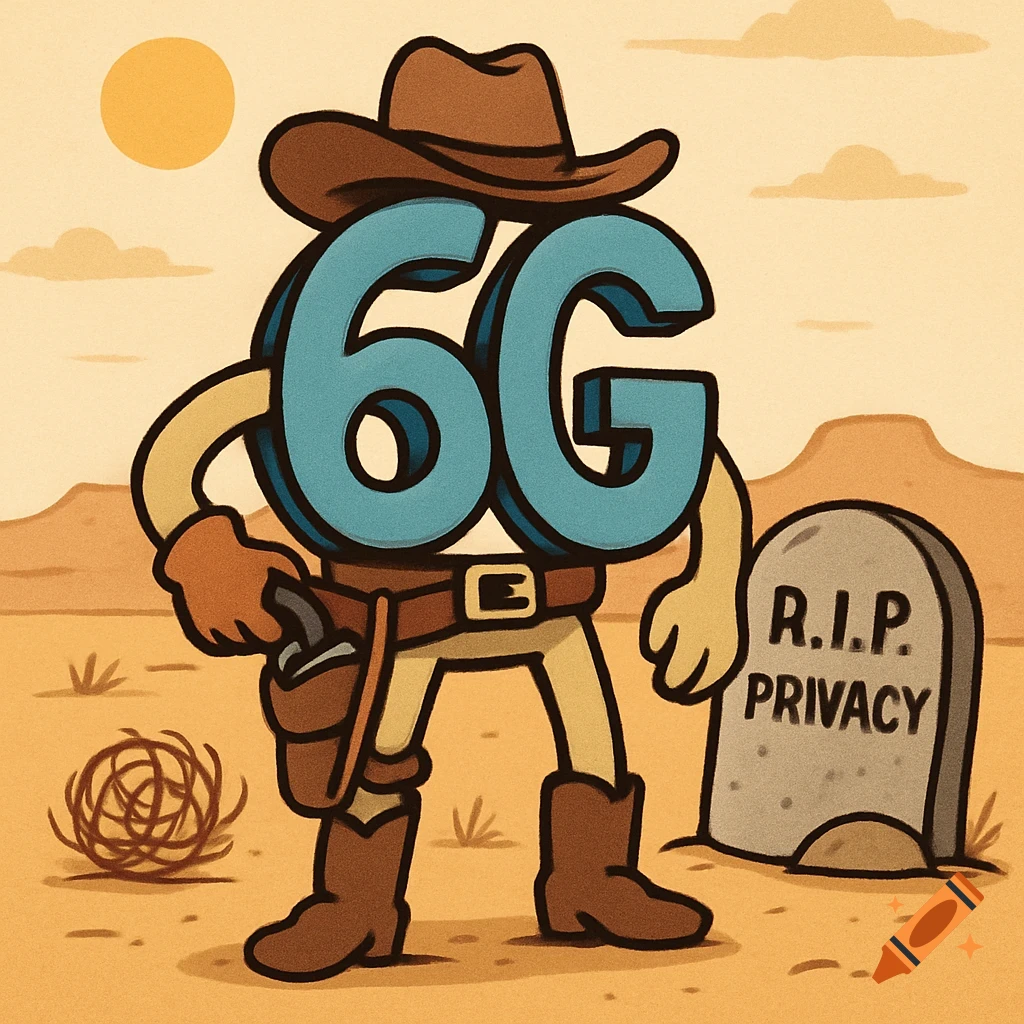 Cartoon illustration of an anthropomorphic '6G' cowboy in a desert ...