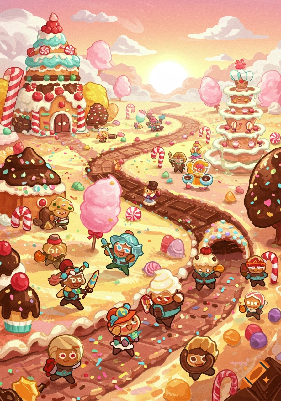 A vibrant candy land with red and white candy canes, gingerbread men ...