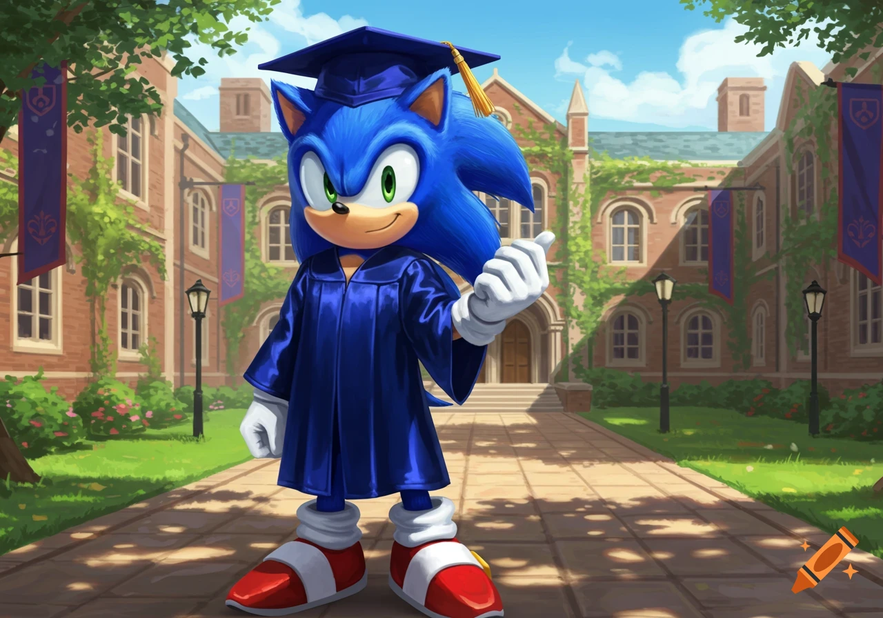 Blue Sonic the Hedgehog in a graduation cap and gown, smiling and ...