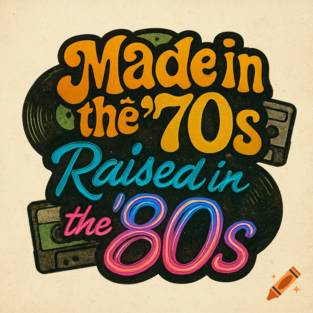 Retro logo with text 'Made in the '70s Raised in the '80s' in orange ...