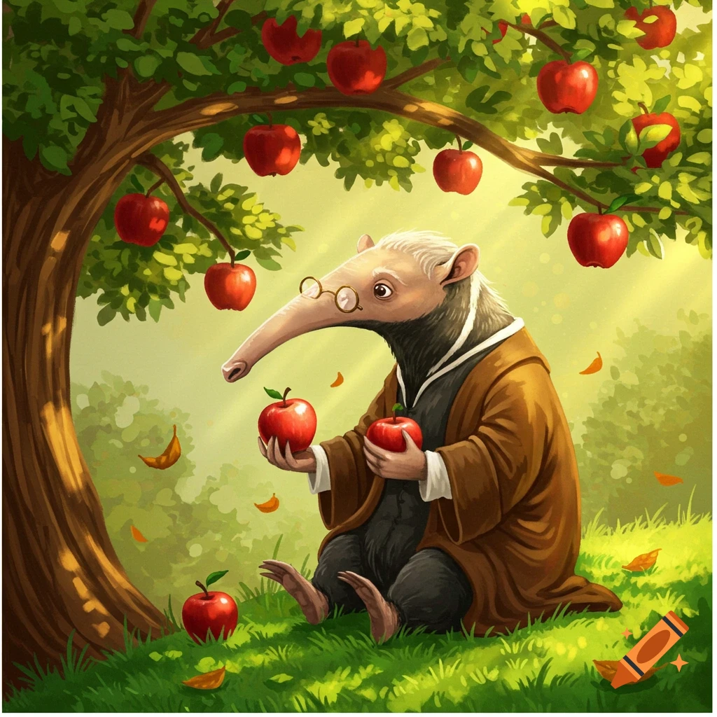 A cartoon anteater resembling Isaac Newton sits under an apple tree ...