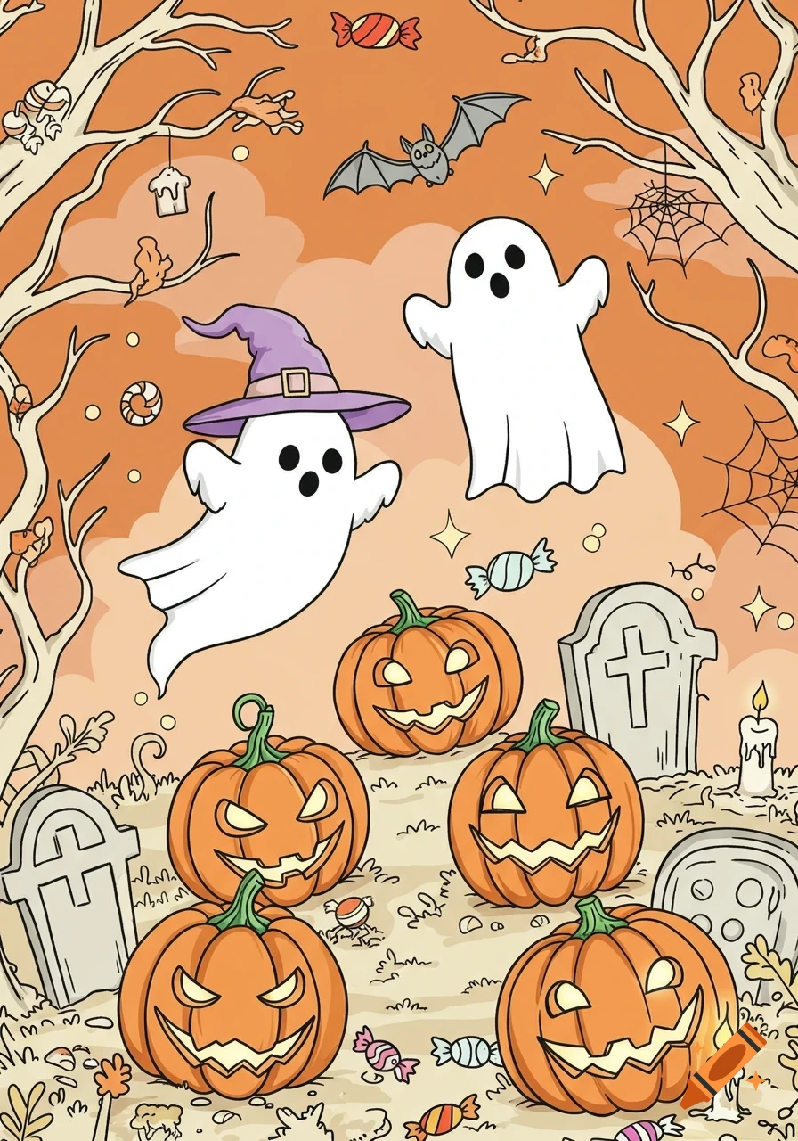 A cartoon Halloween scene with two ghosts, pumpkins, a bat, gravestones ...