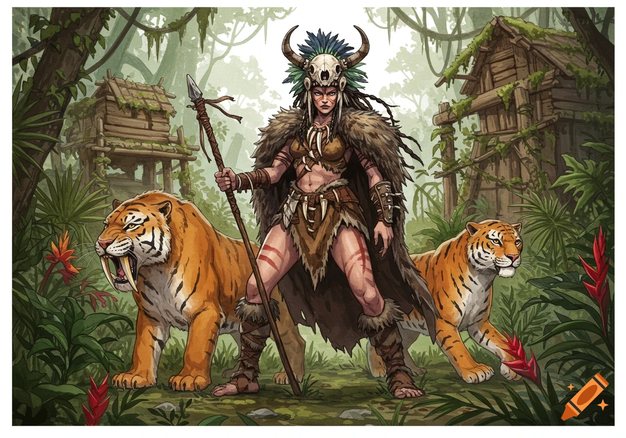 A fierce prehistoric woman in tribal attire, holding a spear, stands in ...