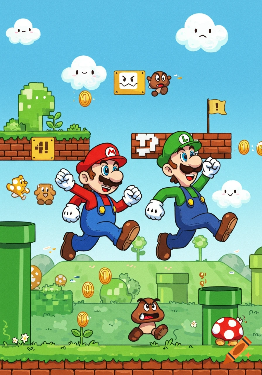 Cartoon Mario and Luigi run through a Super Mario Bros. level with blocks, coins, and Goombas ...