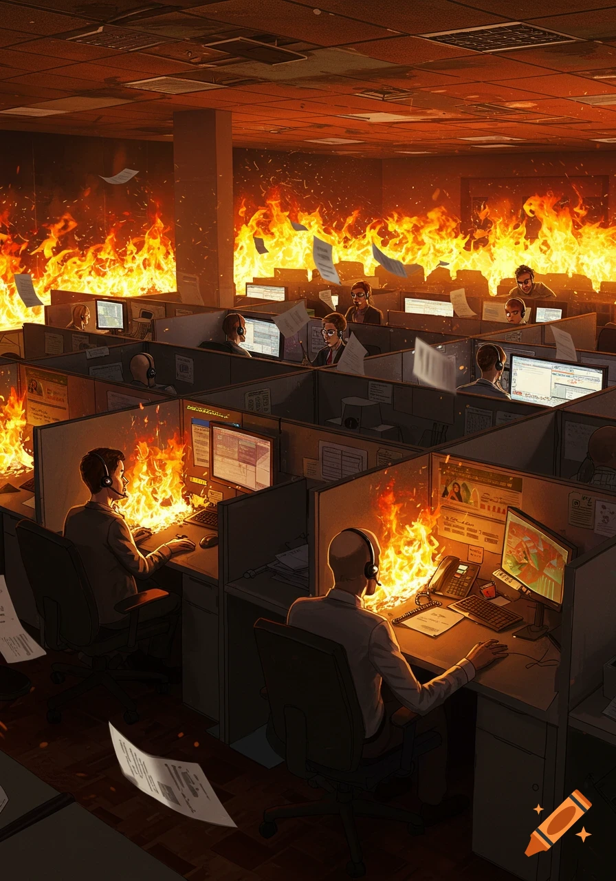 A chaotic office call center engulfed in flames, with employees still ...