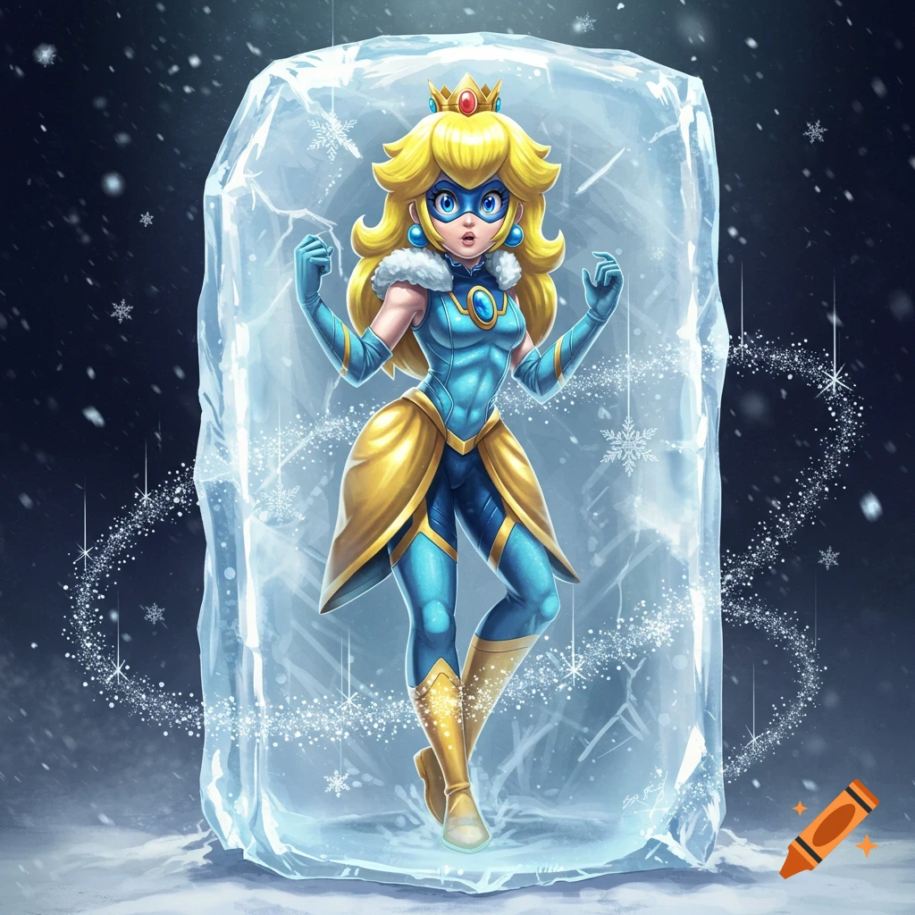 Mighty Peach, in her blue and gold superhero suit, is frozen inside a ...
