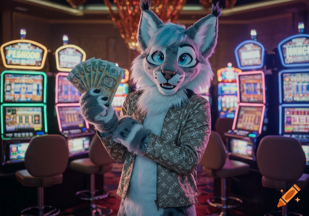 A photorealistic image of a grey and white lynx fursuiter with blue ...