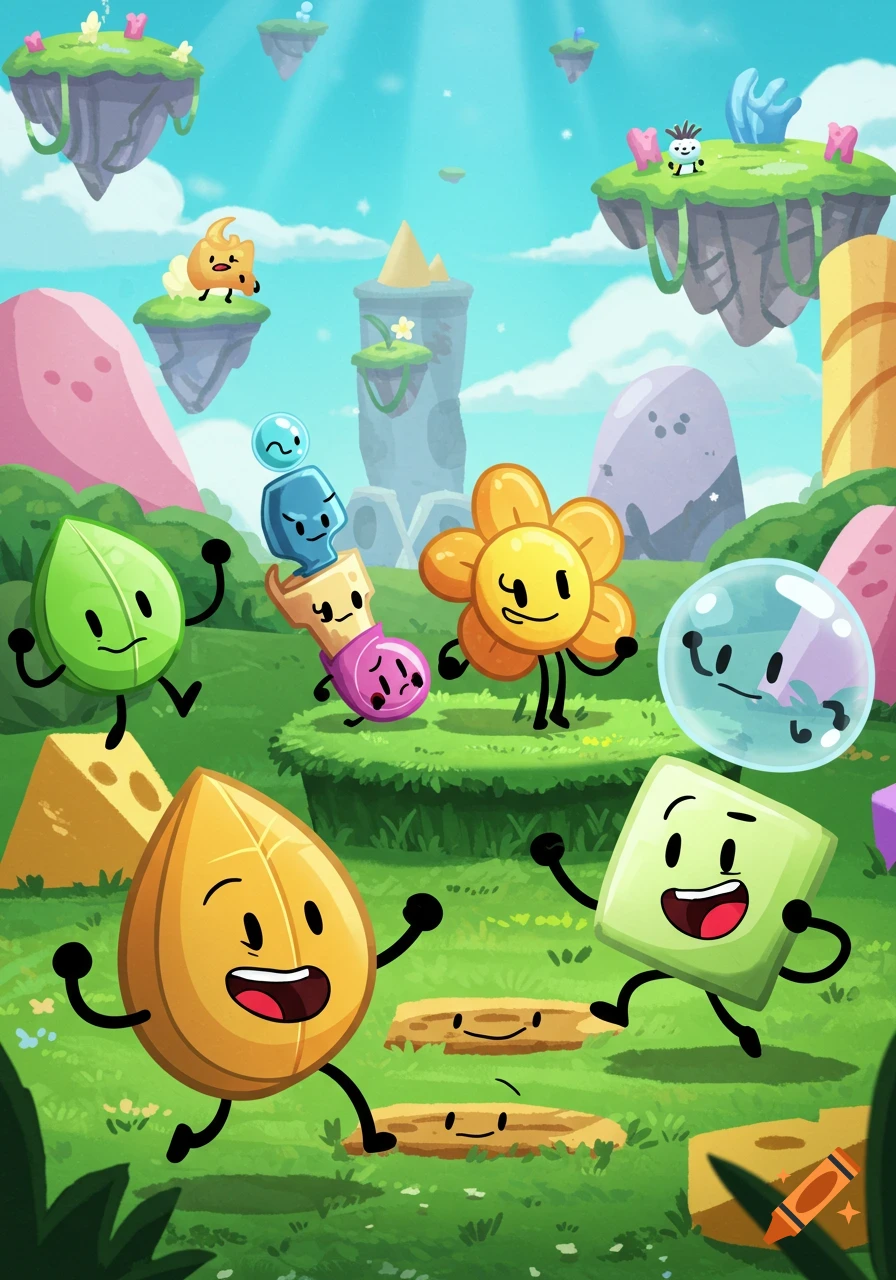 Cartoon anthropomorphic objects including a leaf, fire, and golf ball ...