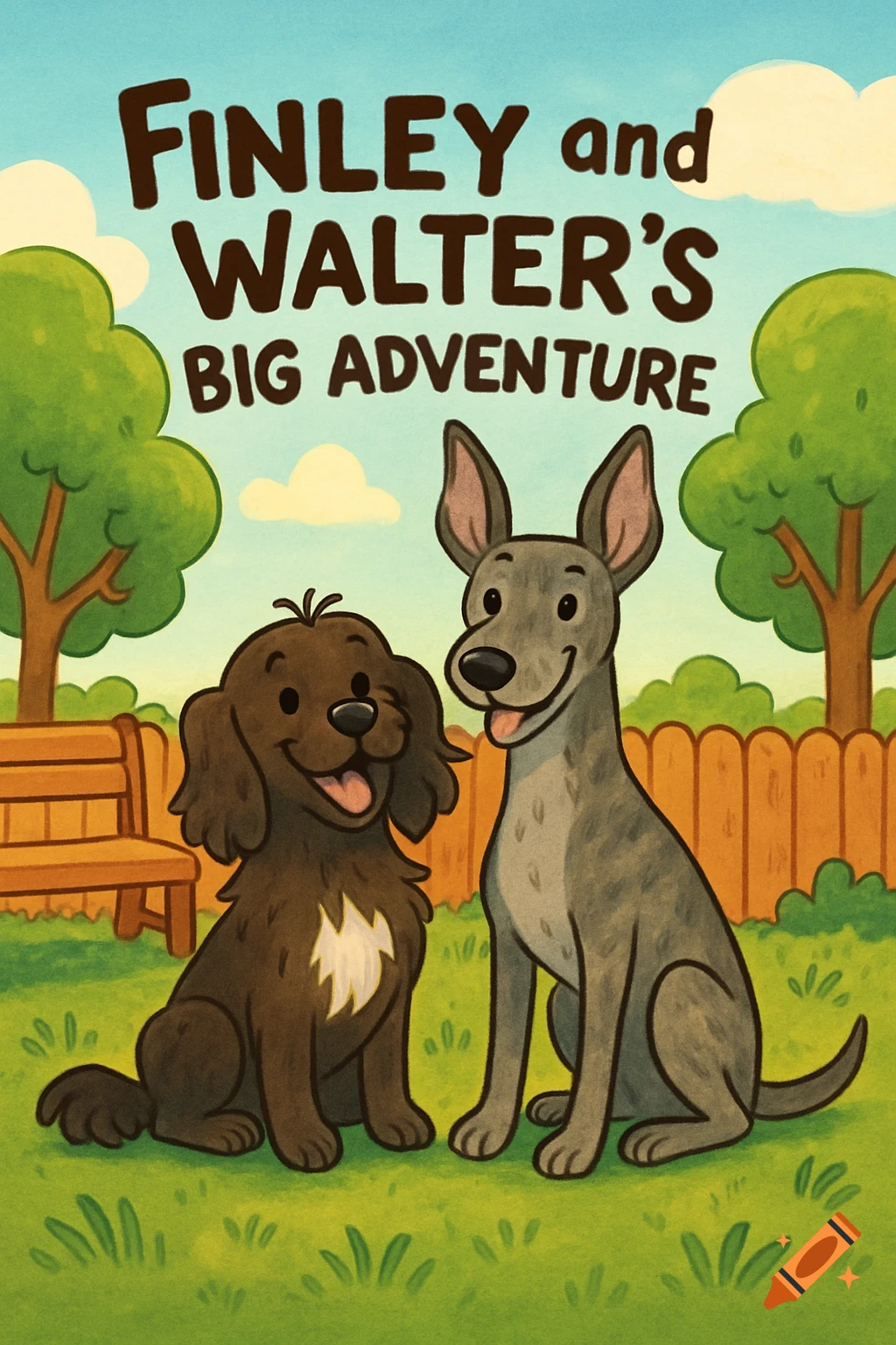 Two smiling cartoon dogs, a brown English cocker spaniel and a grey ...