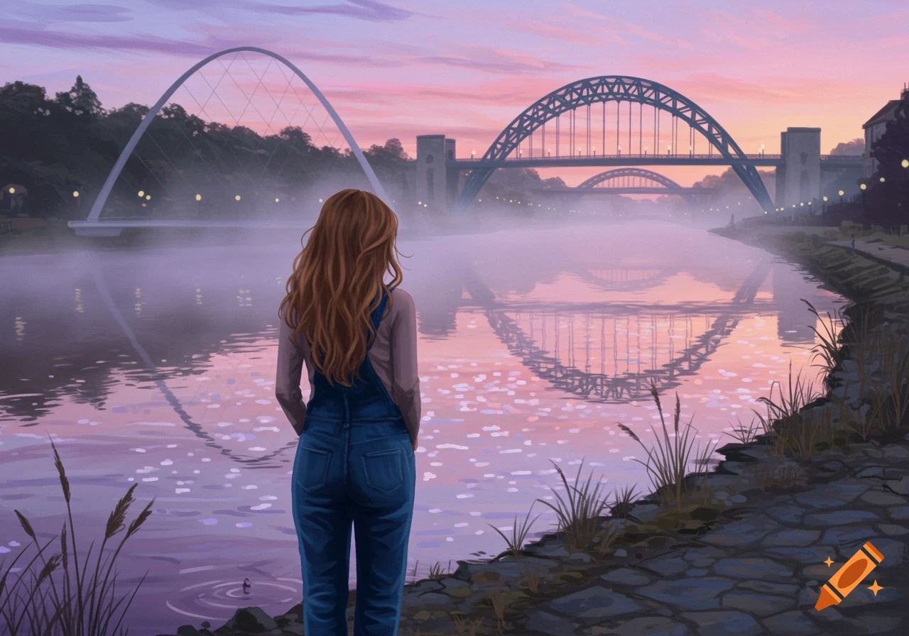 An illustration of a woman in overalls standing by a river, looking at ...