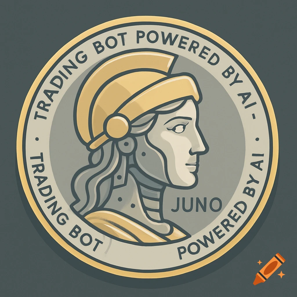 A gold and gray coin depicting a robotic head of Juno with the text ...