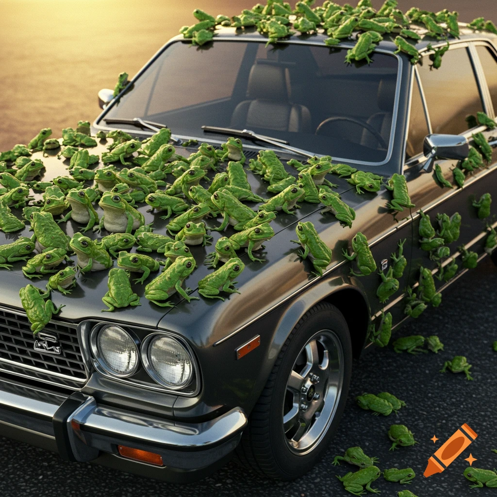 A photorealistic image of a dark-colored car completely covered in ...