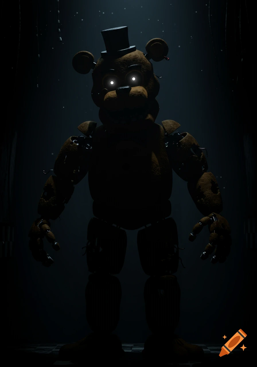 A dark, ominous image of Freddy Fazbear with glowing white eyes and a ...
