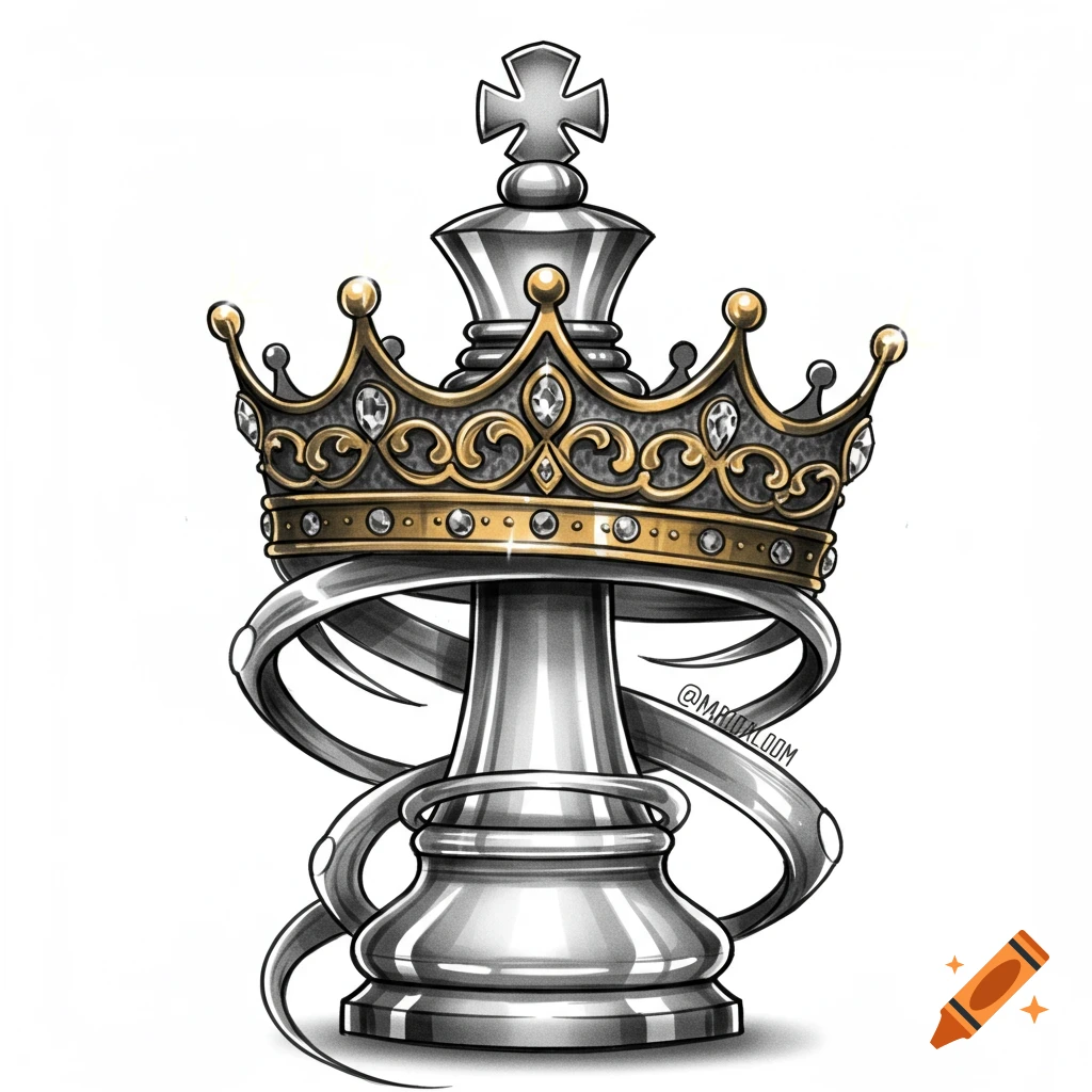 A silver chess king piece with a gold and diamond queen's crown wrapped ...