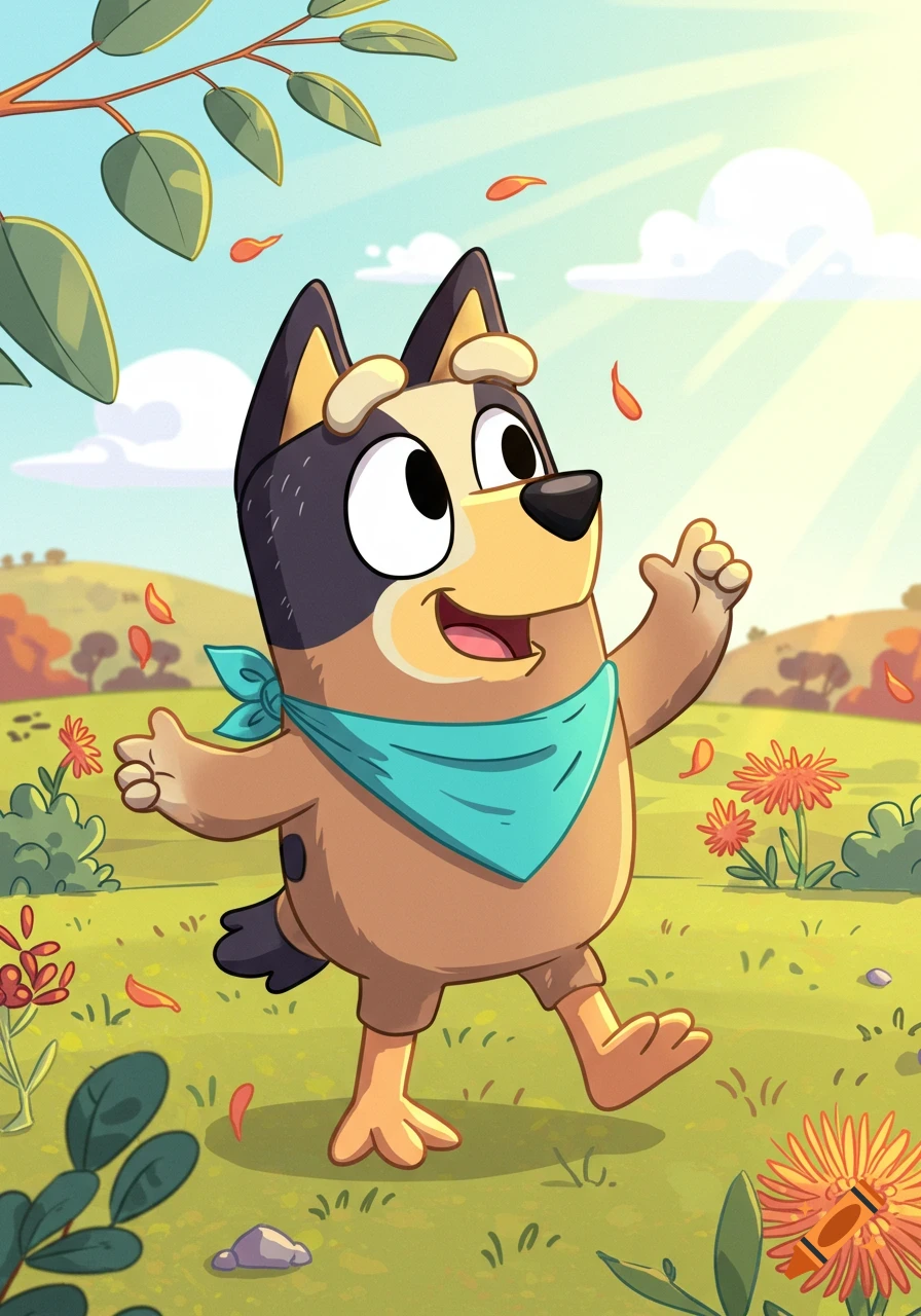 A cartoon dog-like character with a blue bandana stands in a sunny ...