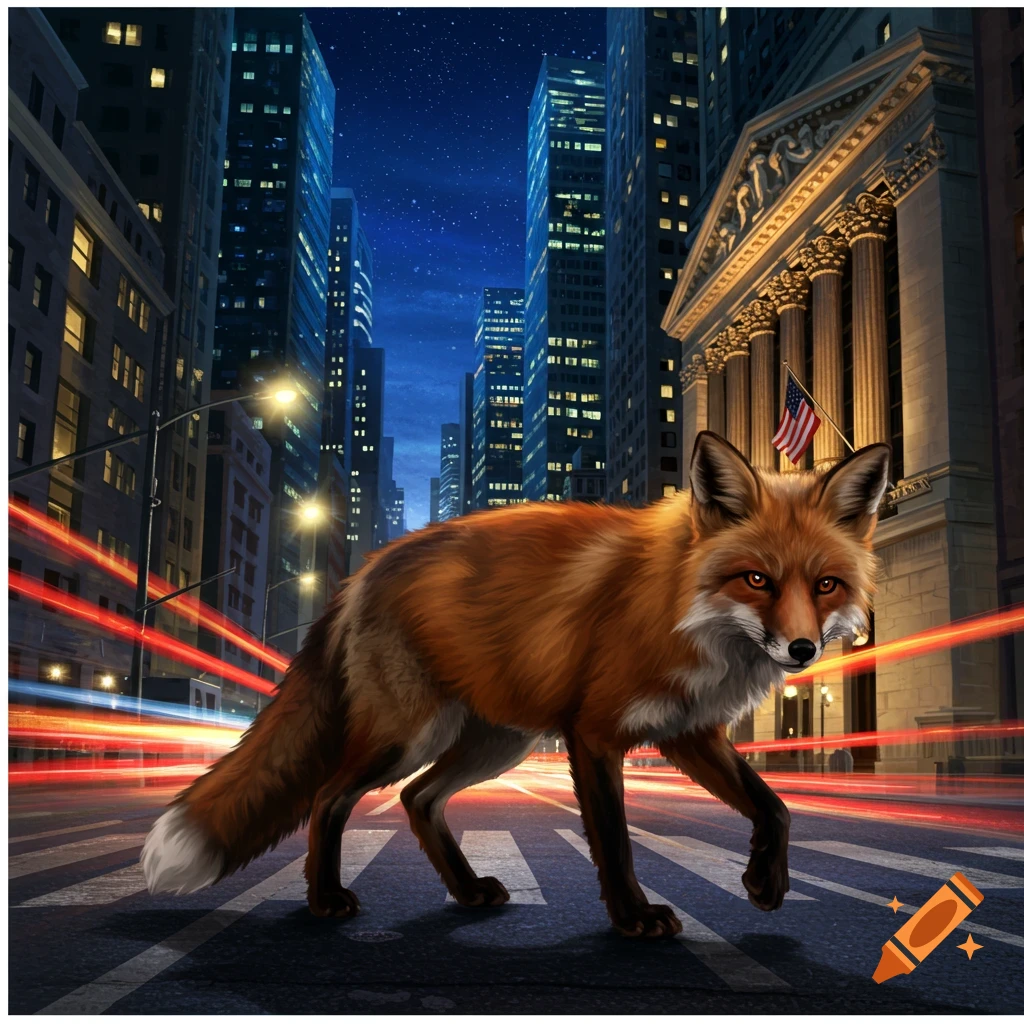 A majestic red fox walks on a city street at night, with tall ...