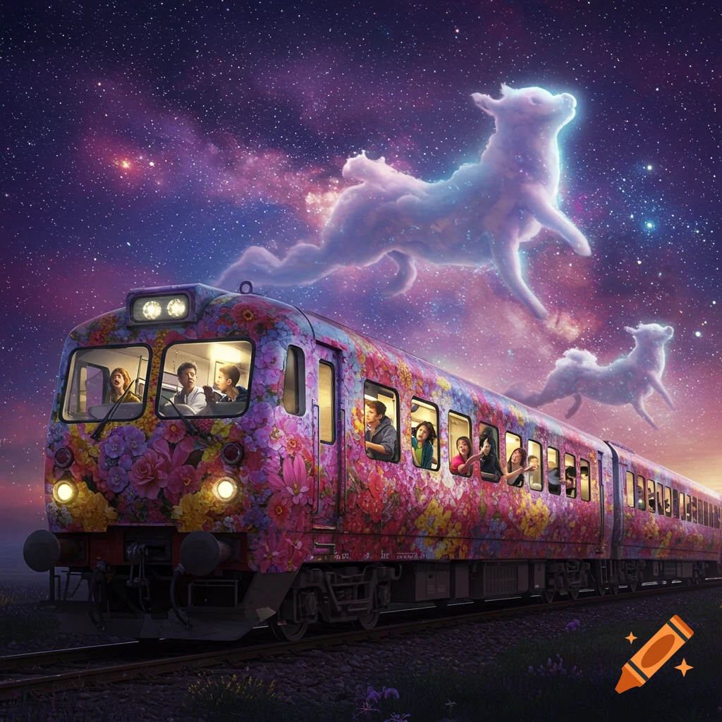 A vibrant, flower-covered train travels under a cosmic, starry sky filled with ethereal cloud ...
