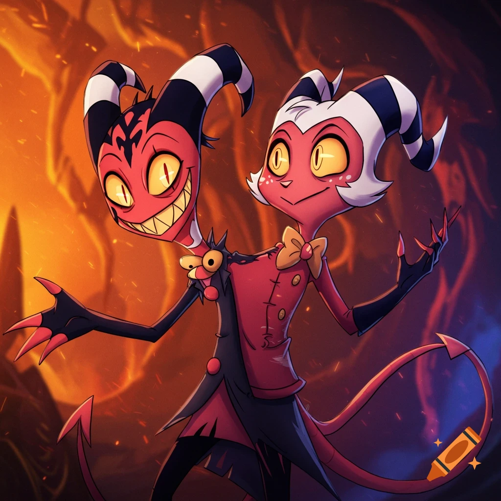 Stylized cartoon of conjoined red imp-like characters Blitzø and Moxxie ...