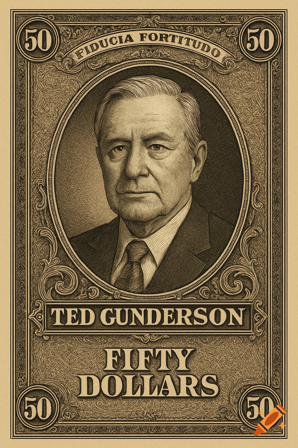 A detailed, sepia-toned engraving of a man named Ted Gunderson, styled ...