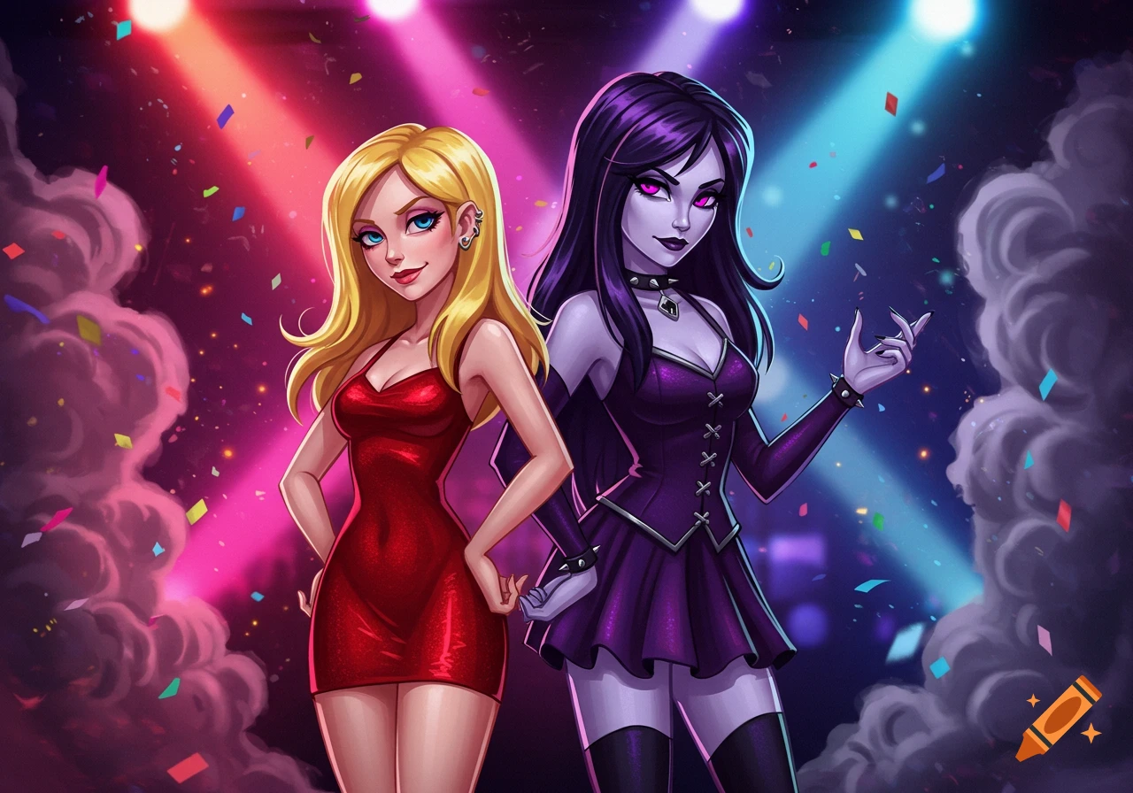 Two anime-style female characters, one blonde in red and one gothic in ...