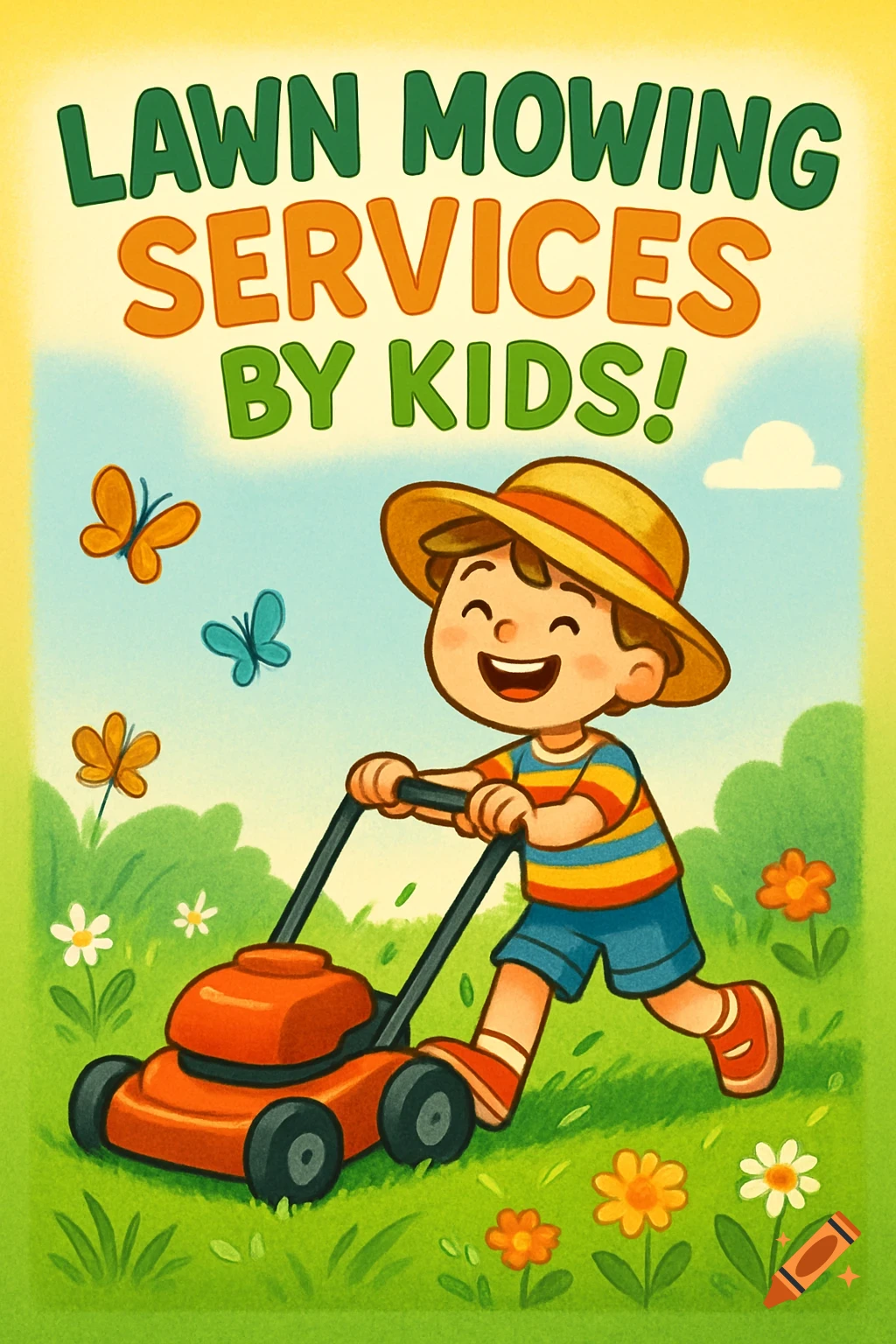 Cartoon illustration of a happy boy in a straw hat mowing a lawn. Text ...