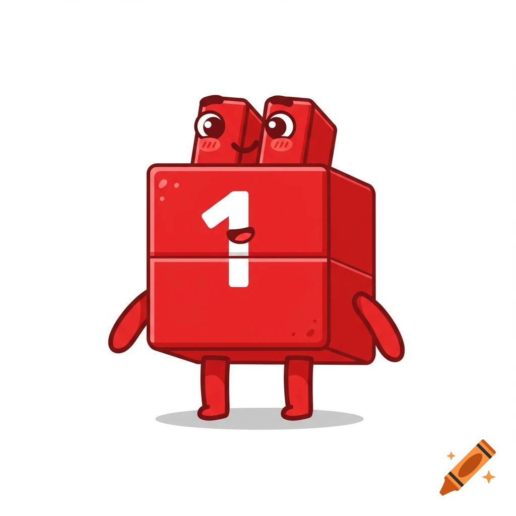 A smiling red cartoon block character with the number 1 on its front ...