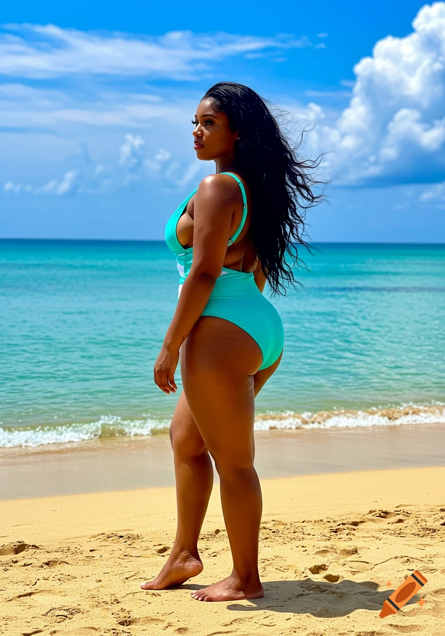 A curvy woman with dark hair in a turquoise swimsuit stands on a sandy beach, turned 3/4 away ...