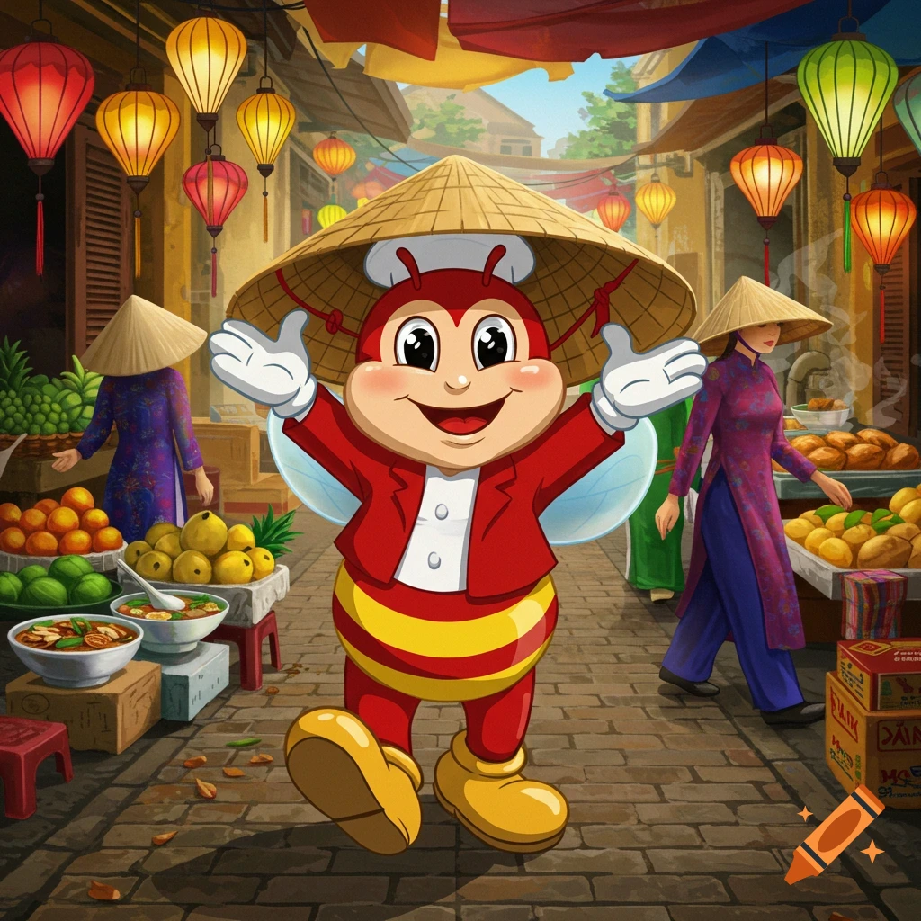 A happy Jollibee mascot wearing a conical Vietnamese hat, standing in a ...