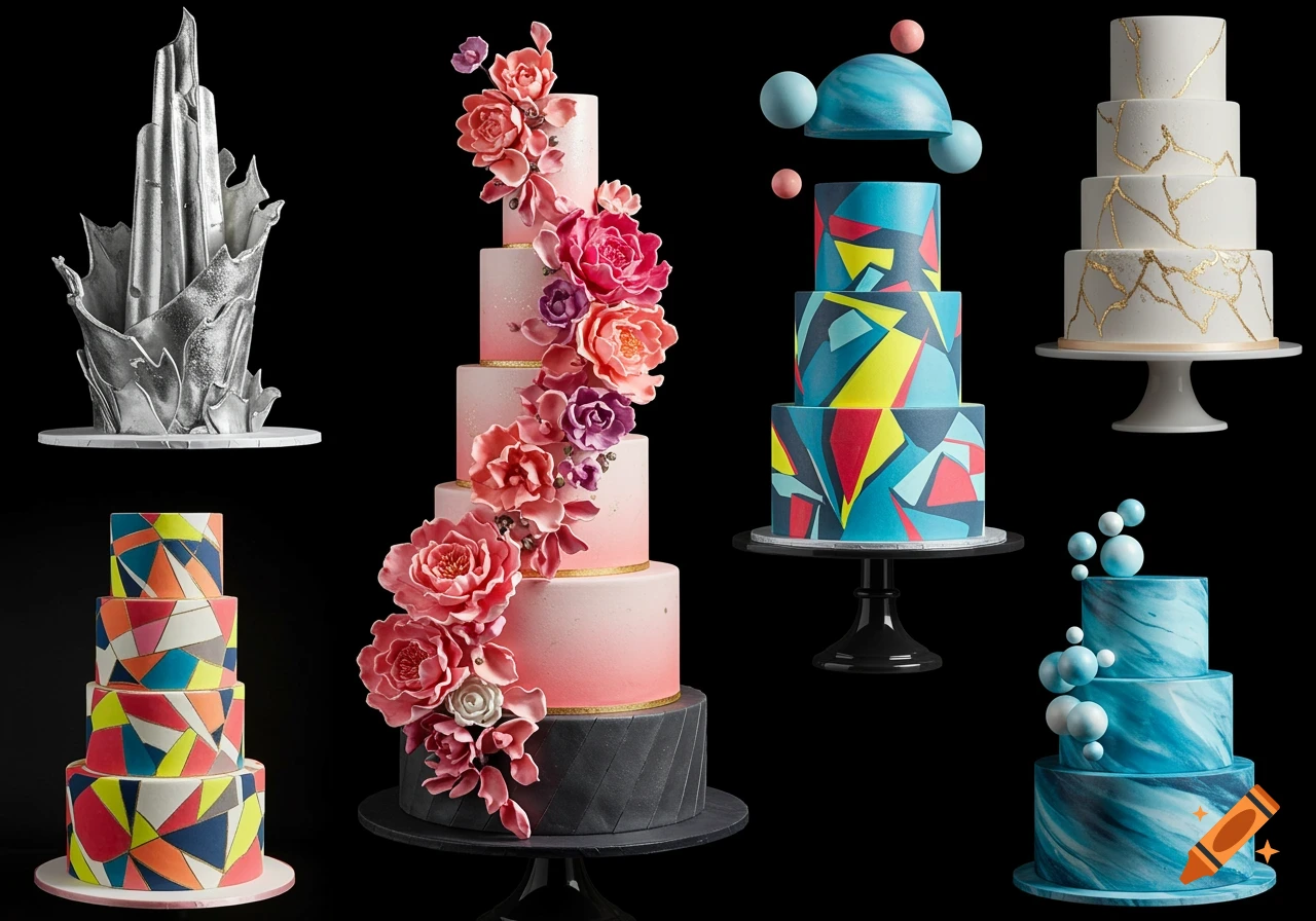 Six diverse, multi-tiered art cakes, including floral, geometric ...