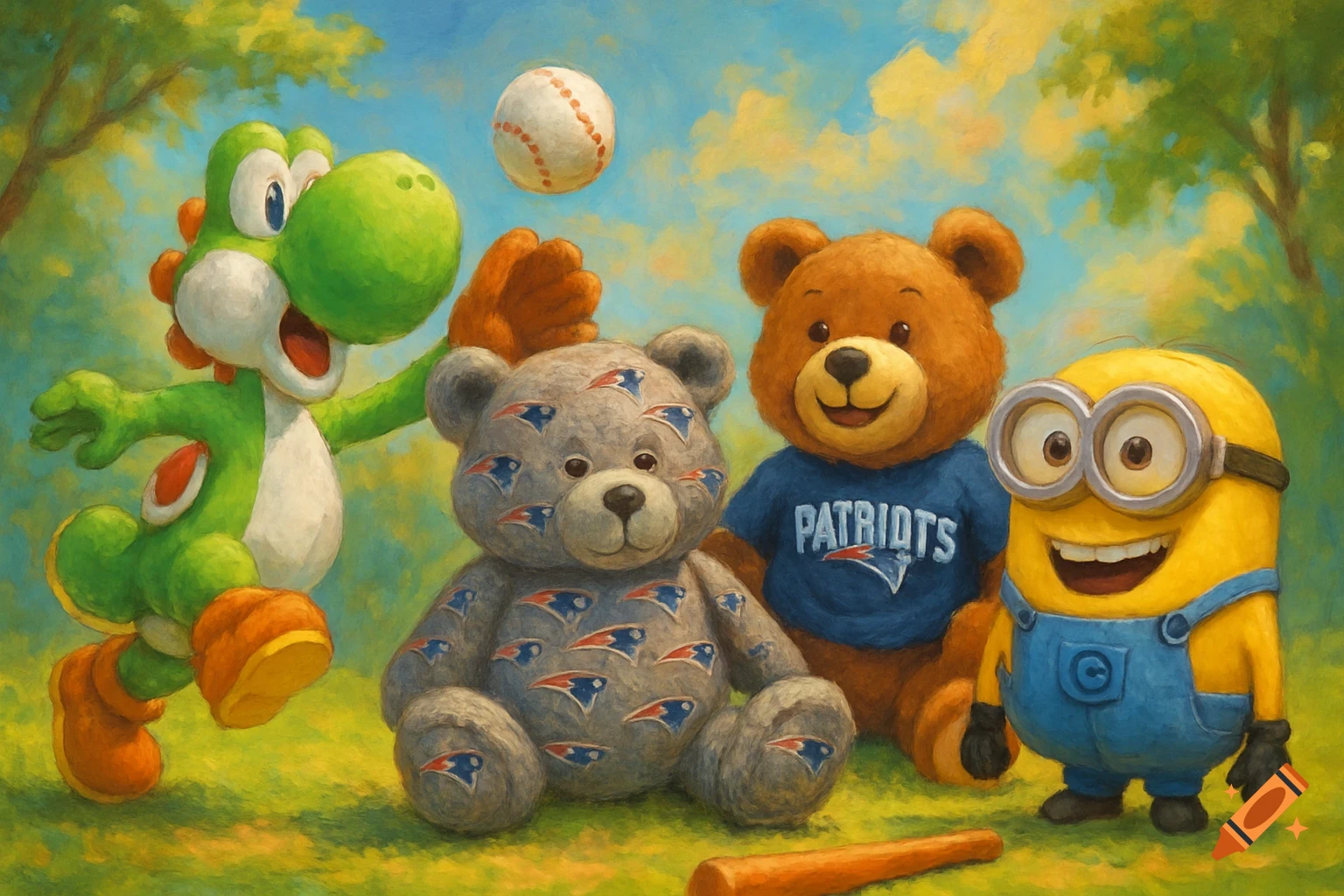 Cartoon ducks and alligators play baseball on a field at night with ...