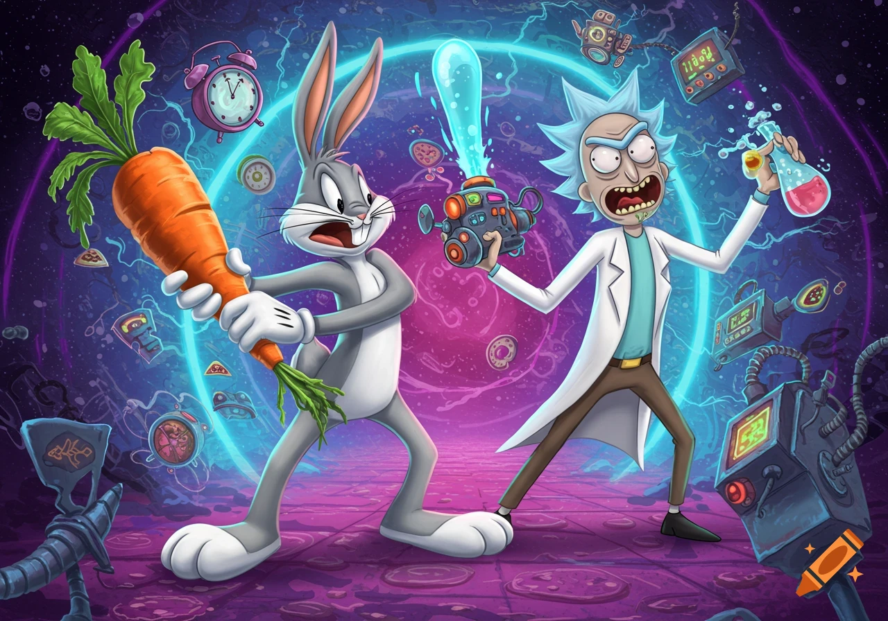 Bugs Bunny and Rick Sanchez in a vibrant cartoon fighting scene, Bugs ...