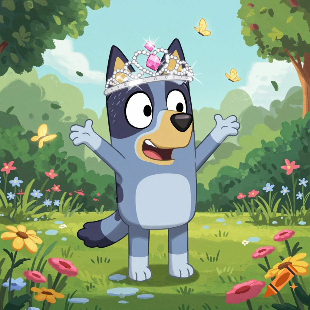 Bluey, a blue dog cartoon character, with five legs, stands smiling in ...