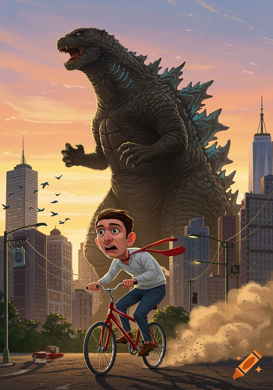 Cartoon illustration of a man on a red bicycle frantically fleeing from ...