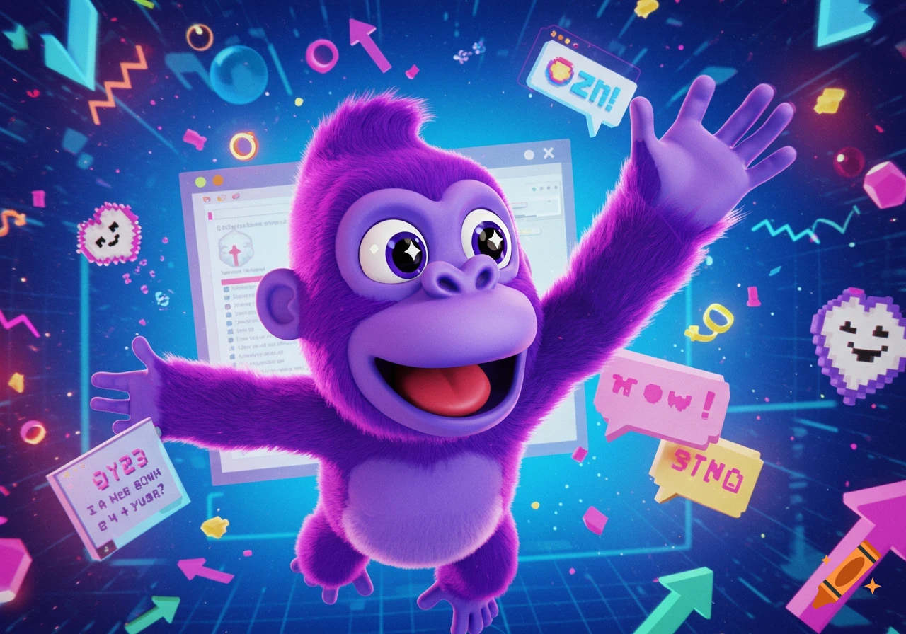 A happy purple cartoon monkey with starry eyes reaching out, surrounded ...