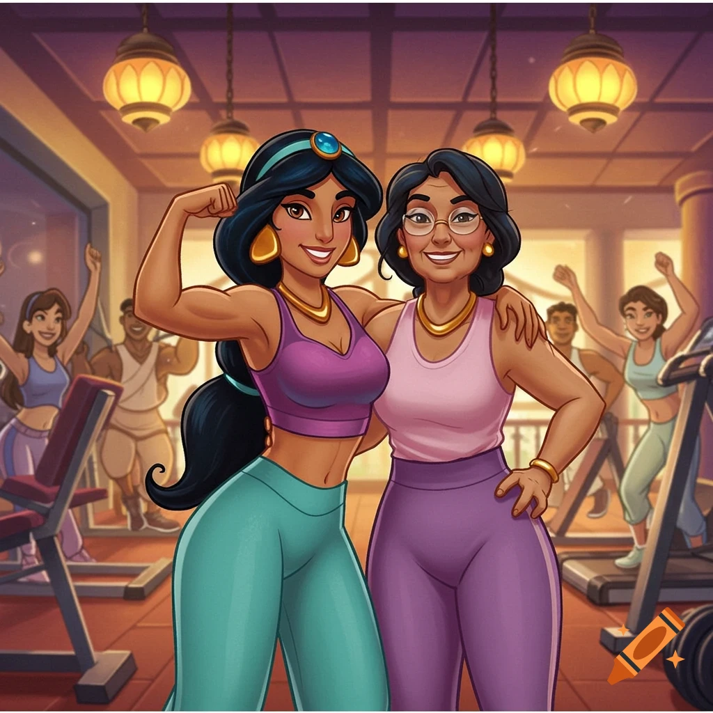 Disney cartoon characters Jasmine and an older woman flex their muscles ...