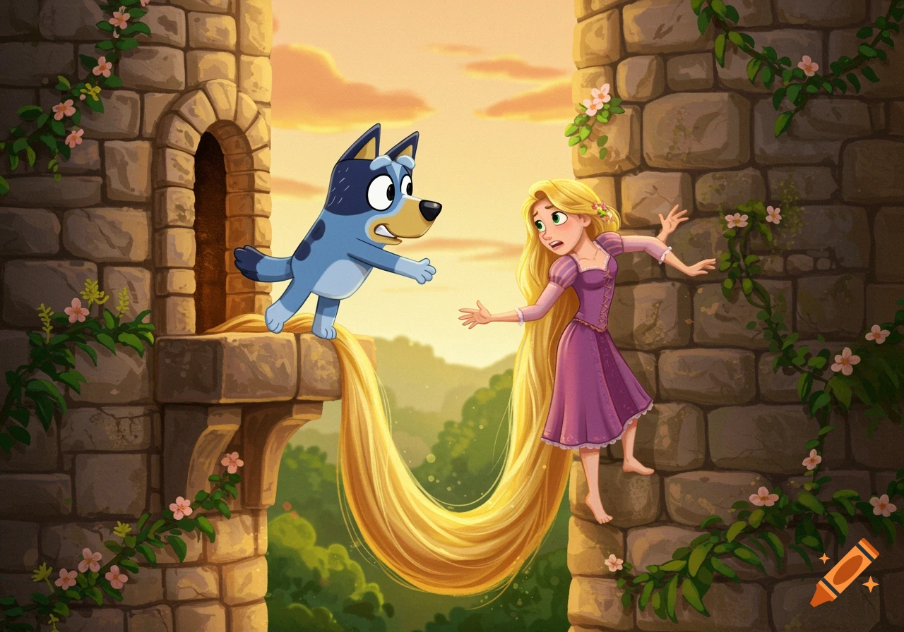 Bluey, a blue cartoon dog, stands on a stone tower ledge, reaching out ...