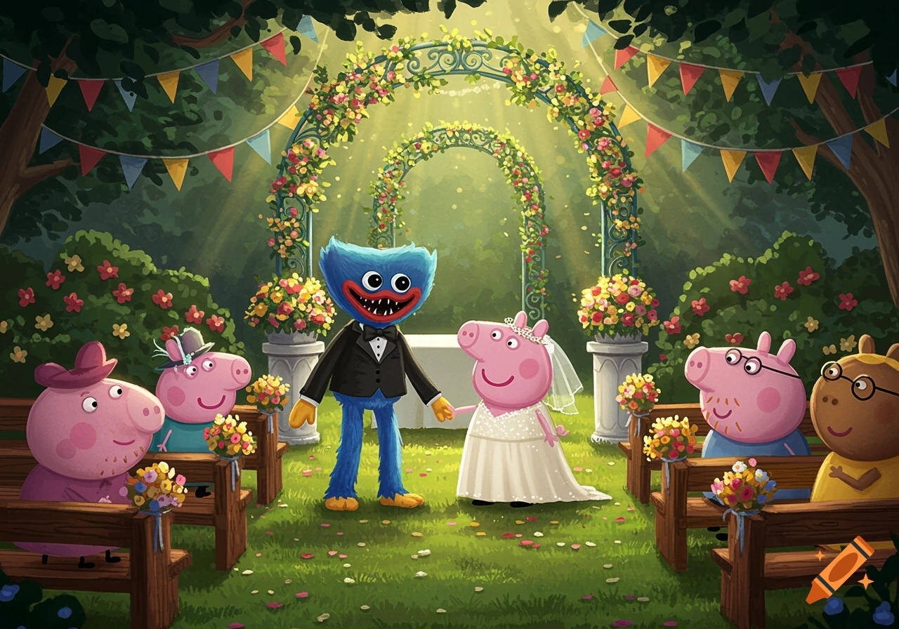 Numerous Peppa Pig-style characters celebrate joyfully amidst colorful ...