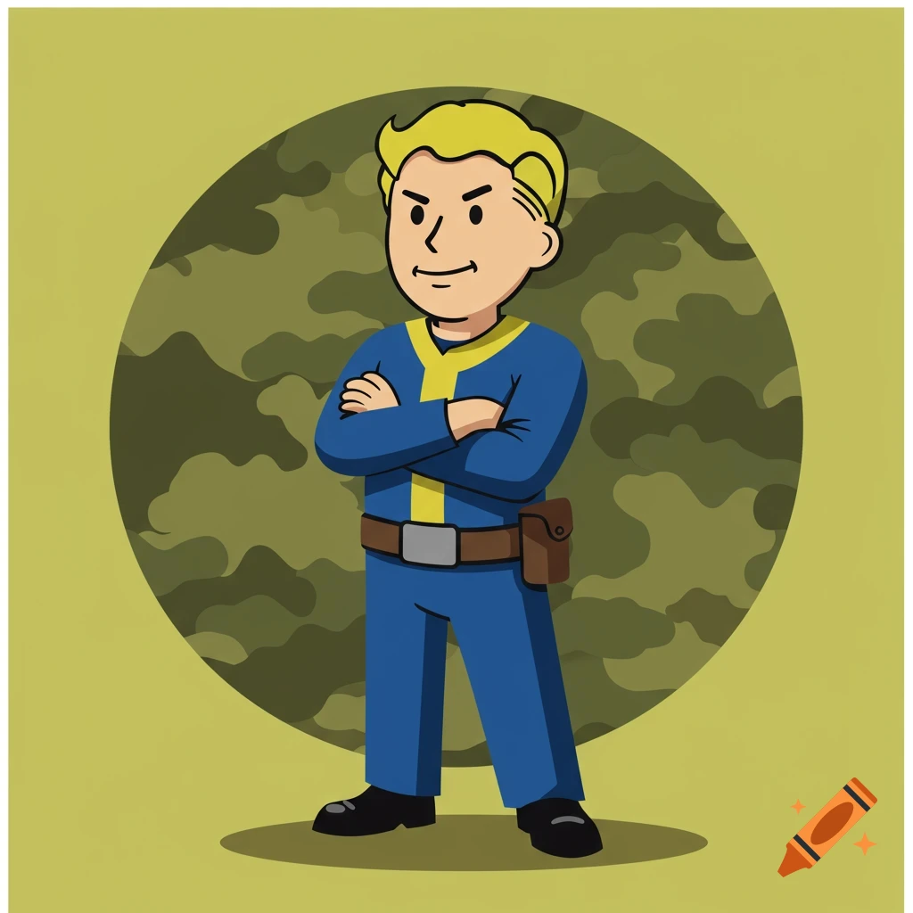 Cartoon illustration of Vault Boy from Fallout, wearing a blue and ...