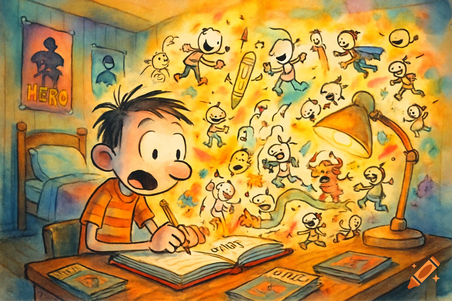 A cartoon boy with spiky black hair draws in a book at a desk, with his ...