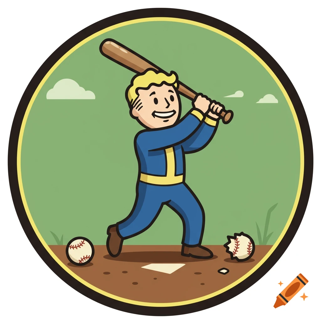 Cartoon Vault Boy from Fallout dressed as a raider, smiling and holding ...