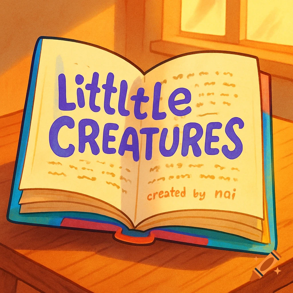A brightly lit cartoon open book with the title 'Little CREATURES' and ...