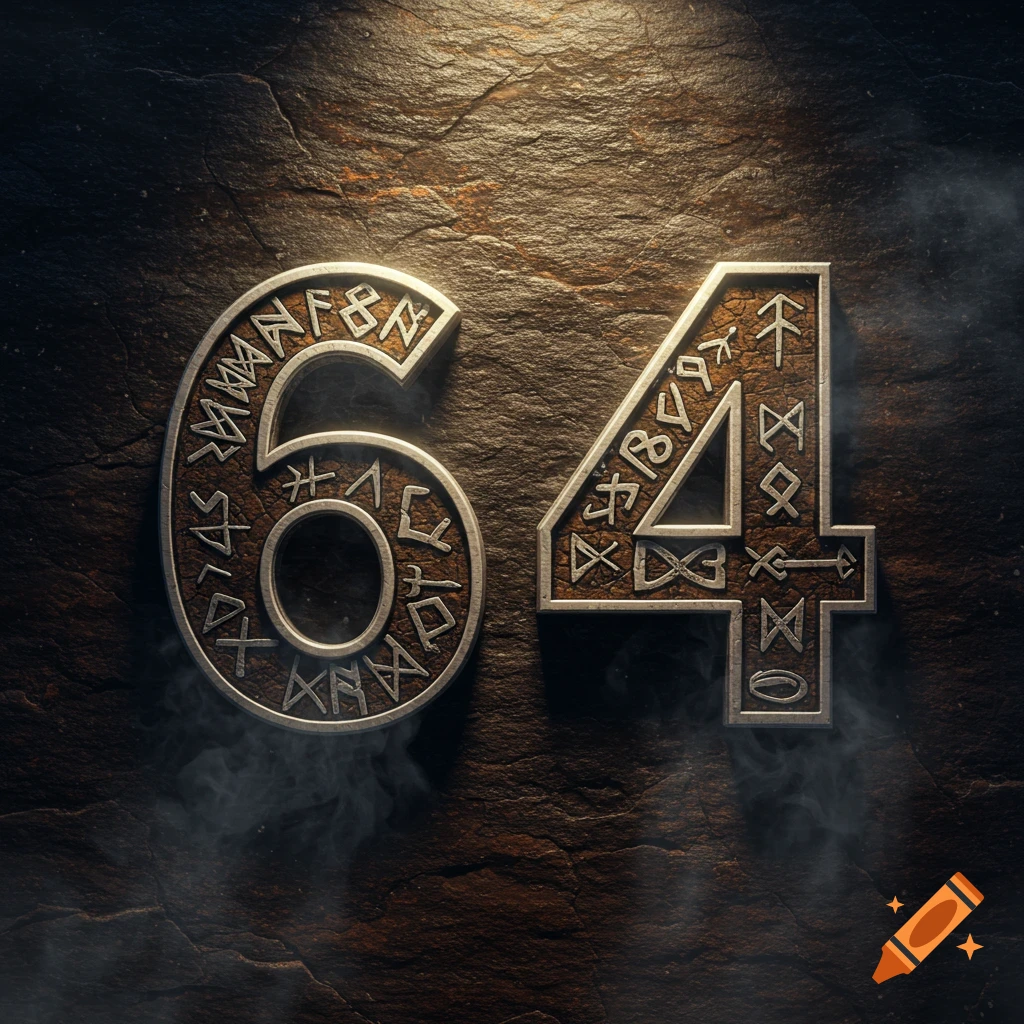 The numbers 64, stylized with runic script, set into a dark textured ...