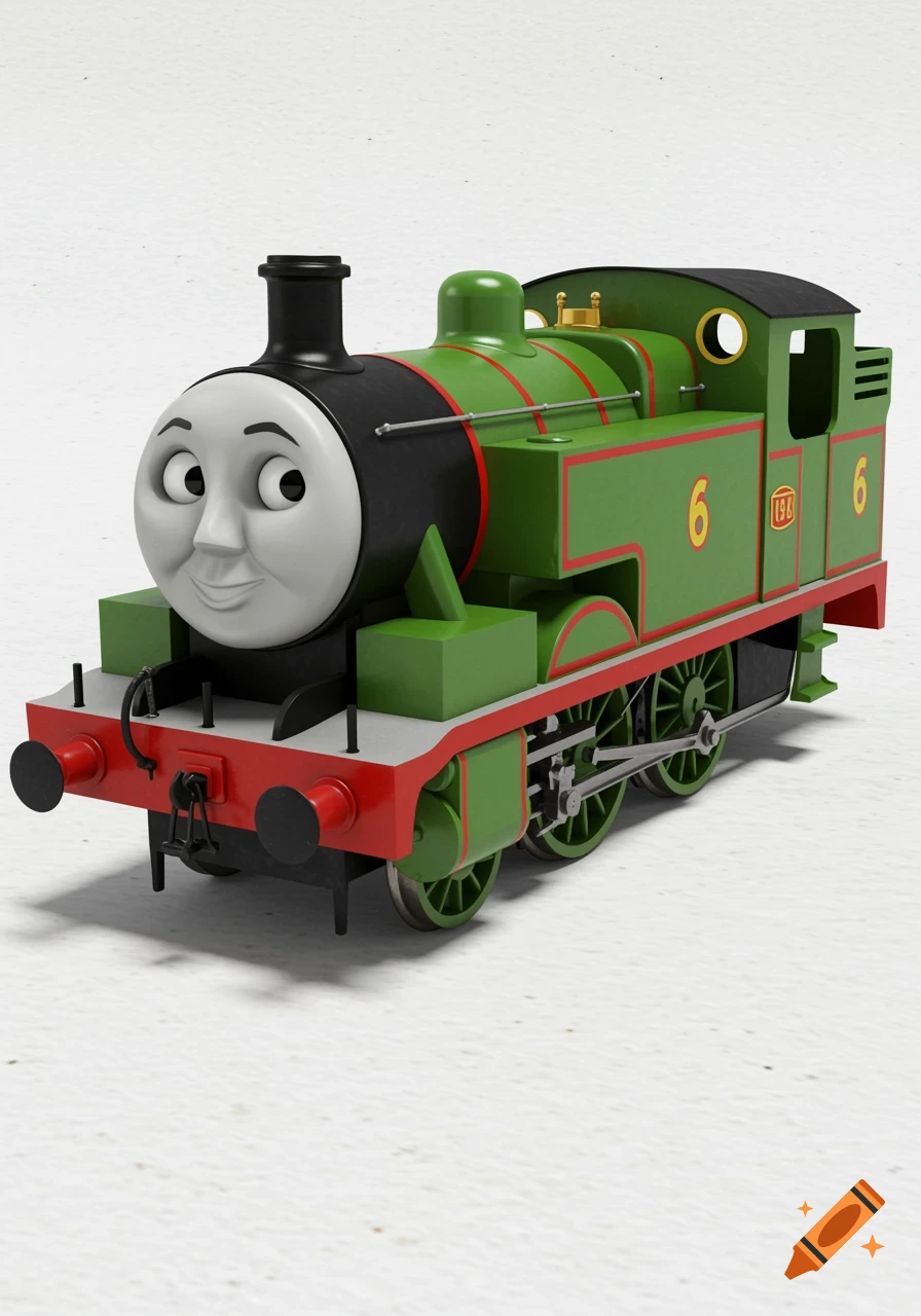 Photorealistic rendering of Percy the green toy train from Thomas & Friends, with the number 6 ...