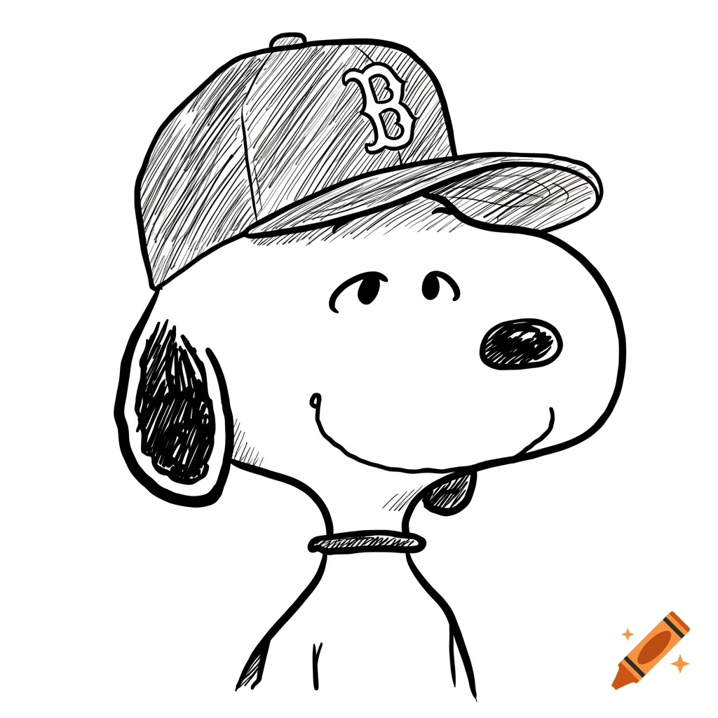Black and white sketch of Snoopy wearing a baseball cap with a capital ...