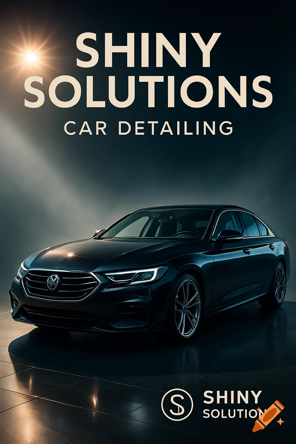Photorealistic ad for Shiny Solutions Car Detailing featuring a sleek ...