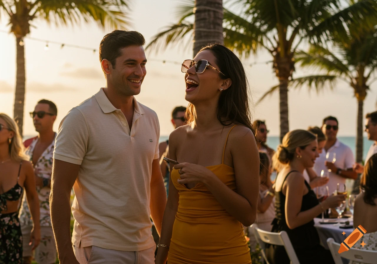 A man and a woman laughing at an outdoor sunset party with palm trees ...