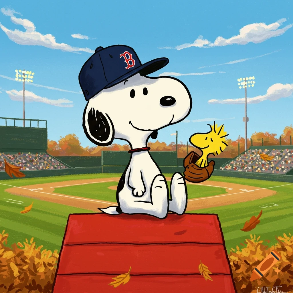 Snoopy wearing a Red Sox baseball cap sits on his red doghouse on a ...
