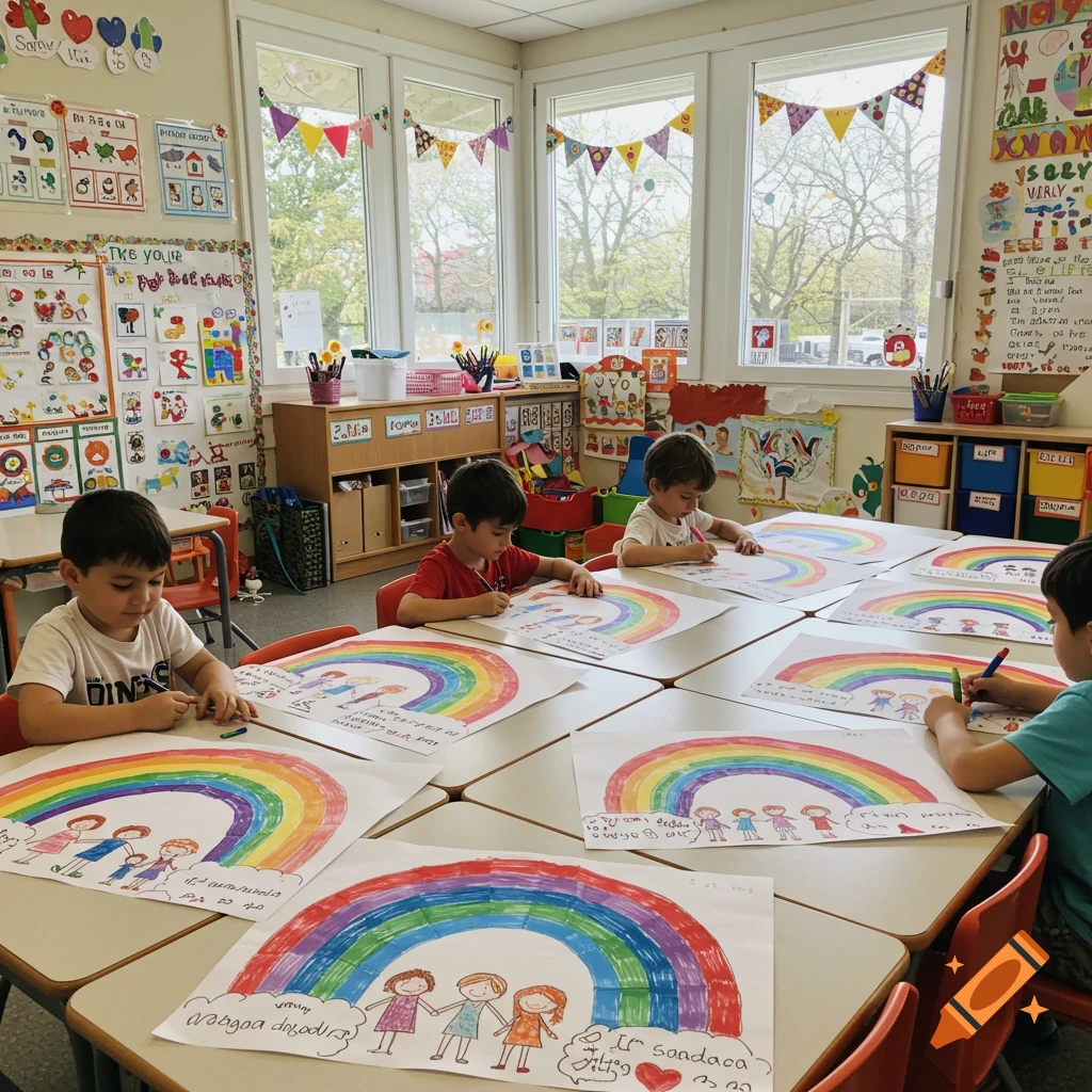 Children sit at tables in a brightly lit classroom, diligently drawing ...