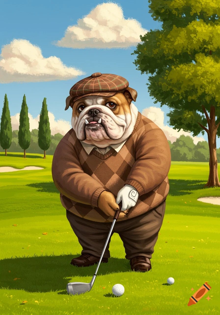 A cartoon bulldog in a golf outfit stands on a golf course with a club ...