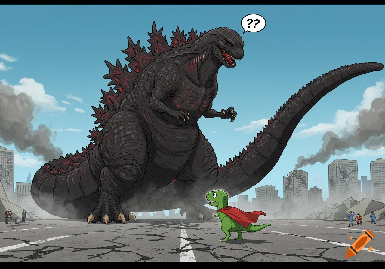 A giant Godzilla looks confused at a tiny superhero T-Rex in a ...